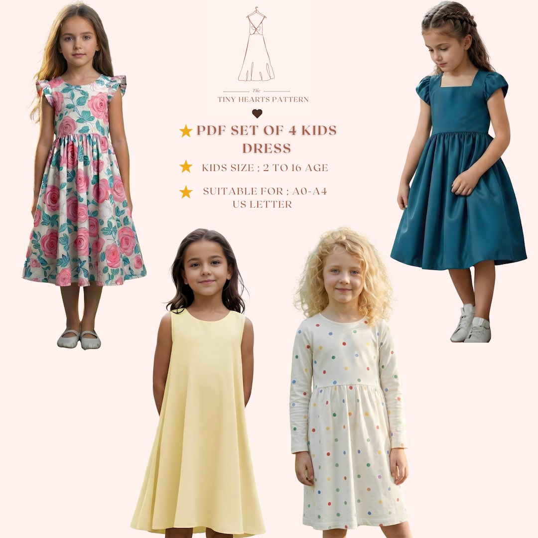 PDF Set of 4 Kids Dress Pattern, Girls Dress Sewing Patterns, Size:2 ...