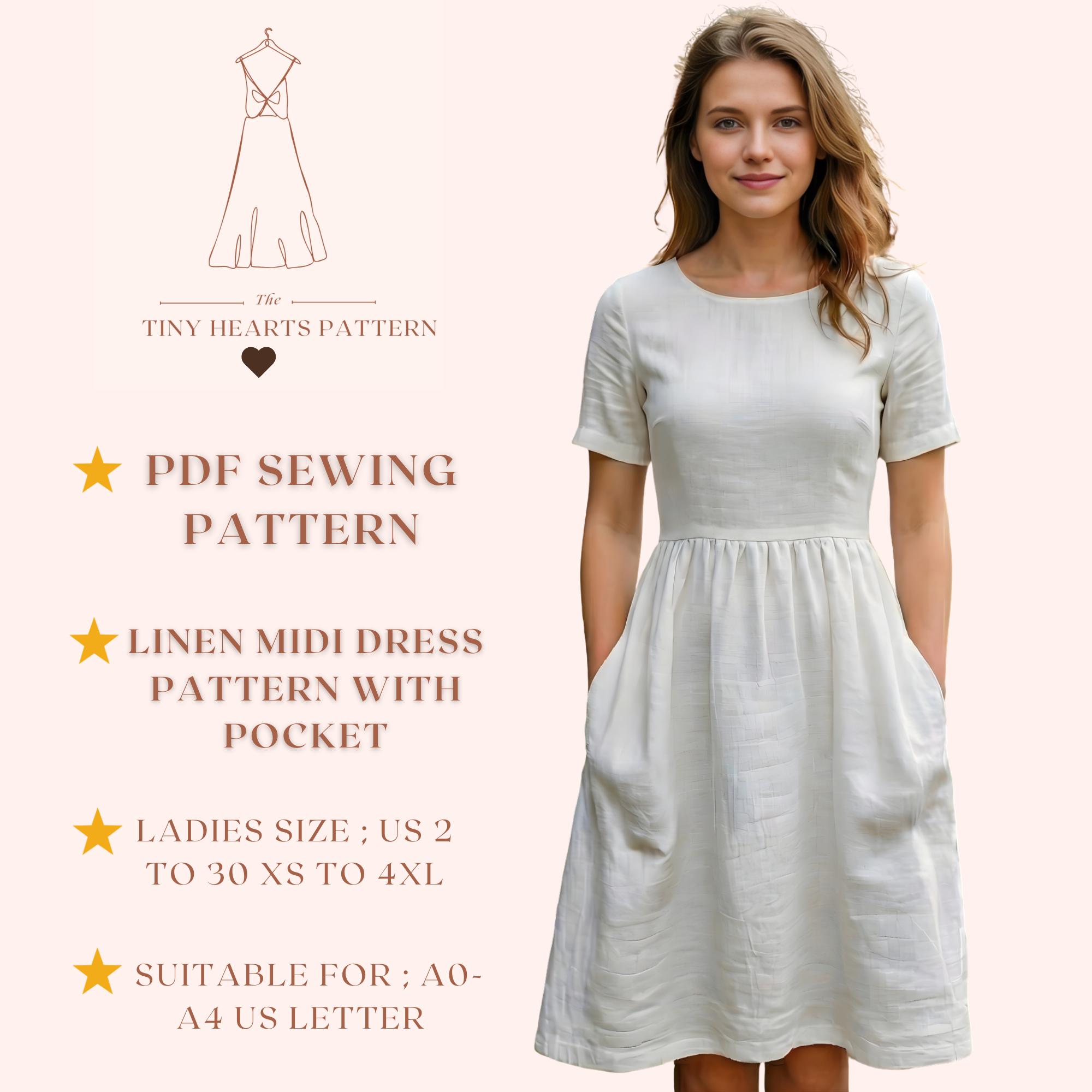 Linen Midi Dress Pattern With Pocket, Women Dress Sewing Patterns, Size ...