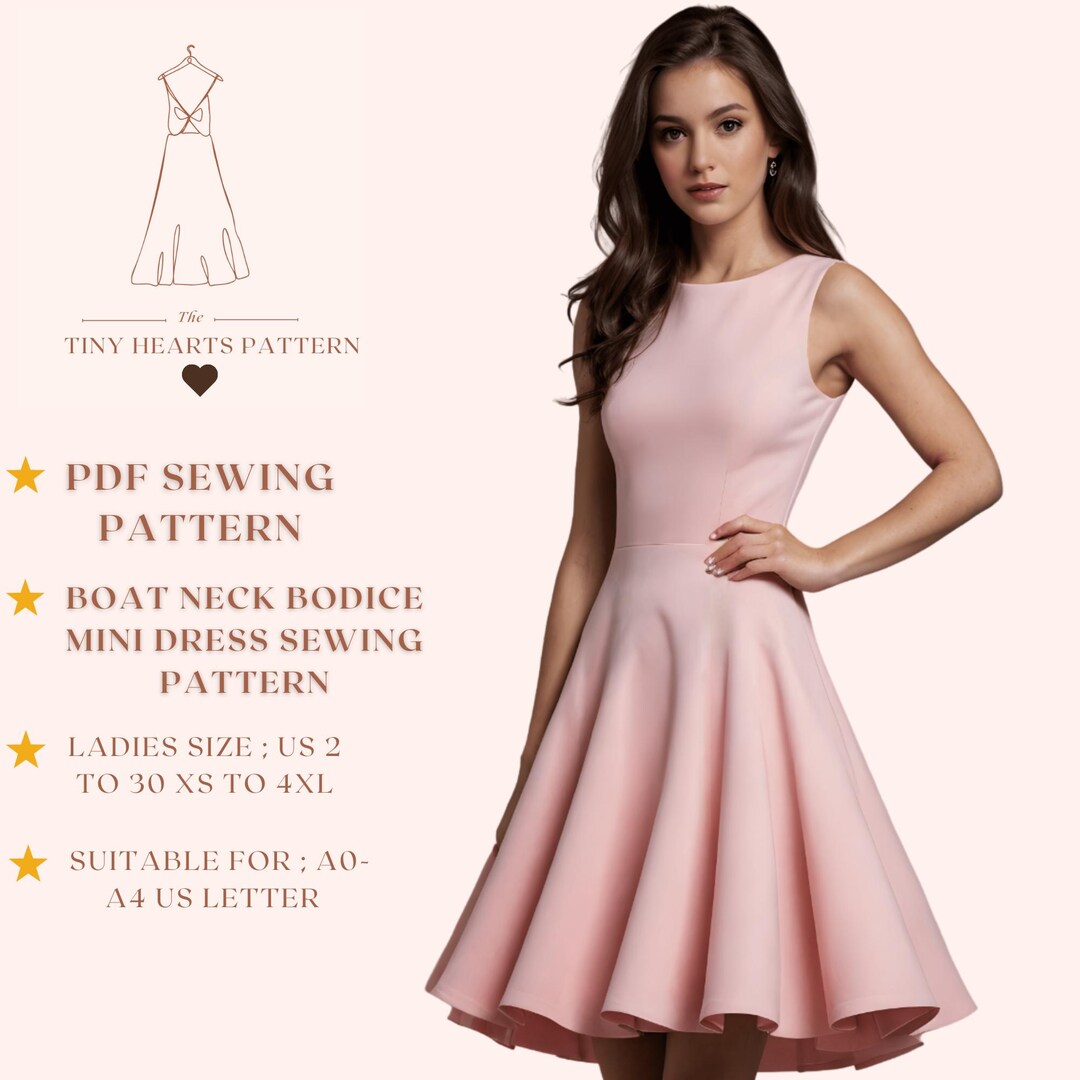 Boat Neck Bodice Mini Dress Sewing Pattern, Women Dress Patterns, Size ...
