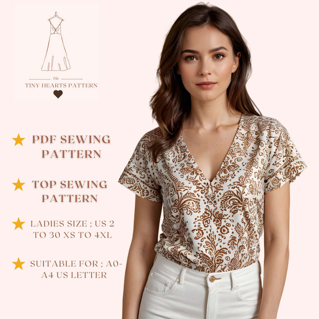 Top Sewing Pattern Women Sewing Pattern Blouse Pattern V Neck Tshirt ...