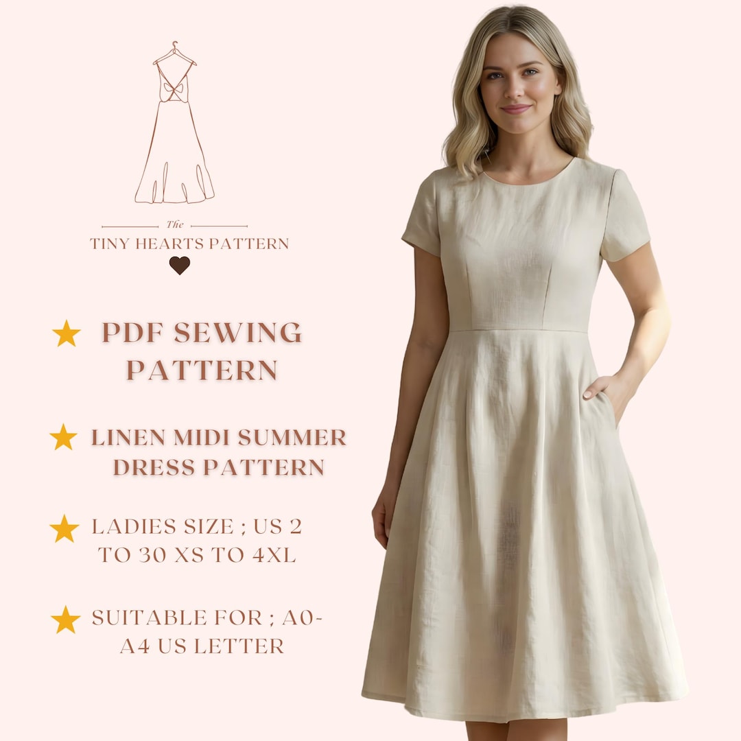 Linen Midi Summer Dress Pattern With Pockets, Women Dresses Sewing ...