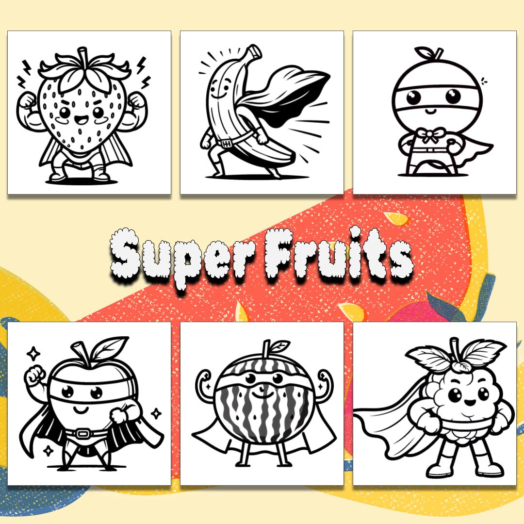 Super Fruits | Kids Coloring Book Pages | by Digital Canvas CR8 - Etsy