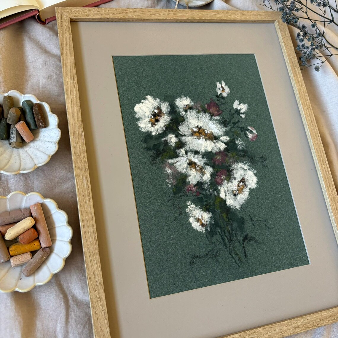 Original Flowers Bouquet Champêtre Soft Pastel Painting in Wooden Frame ...