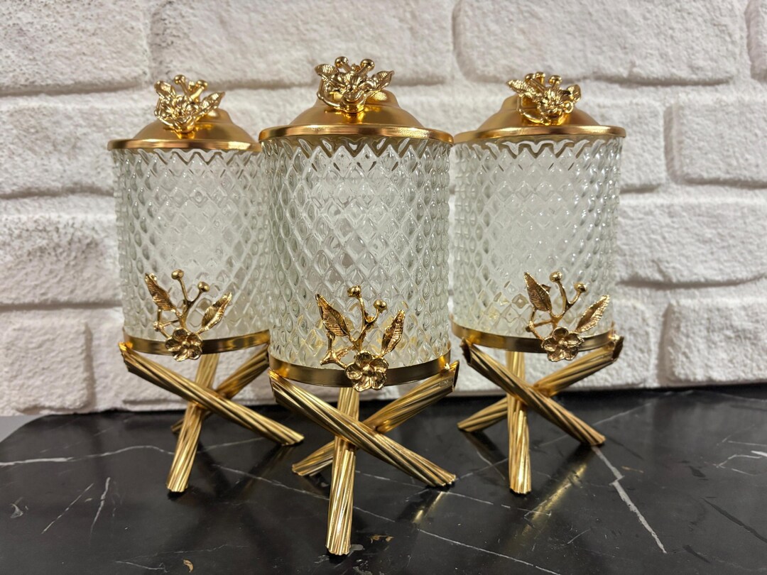 Gold Canister Set for Kitchen 3 Piece Glass Storage Jars - Etsy