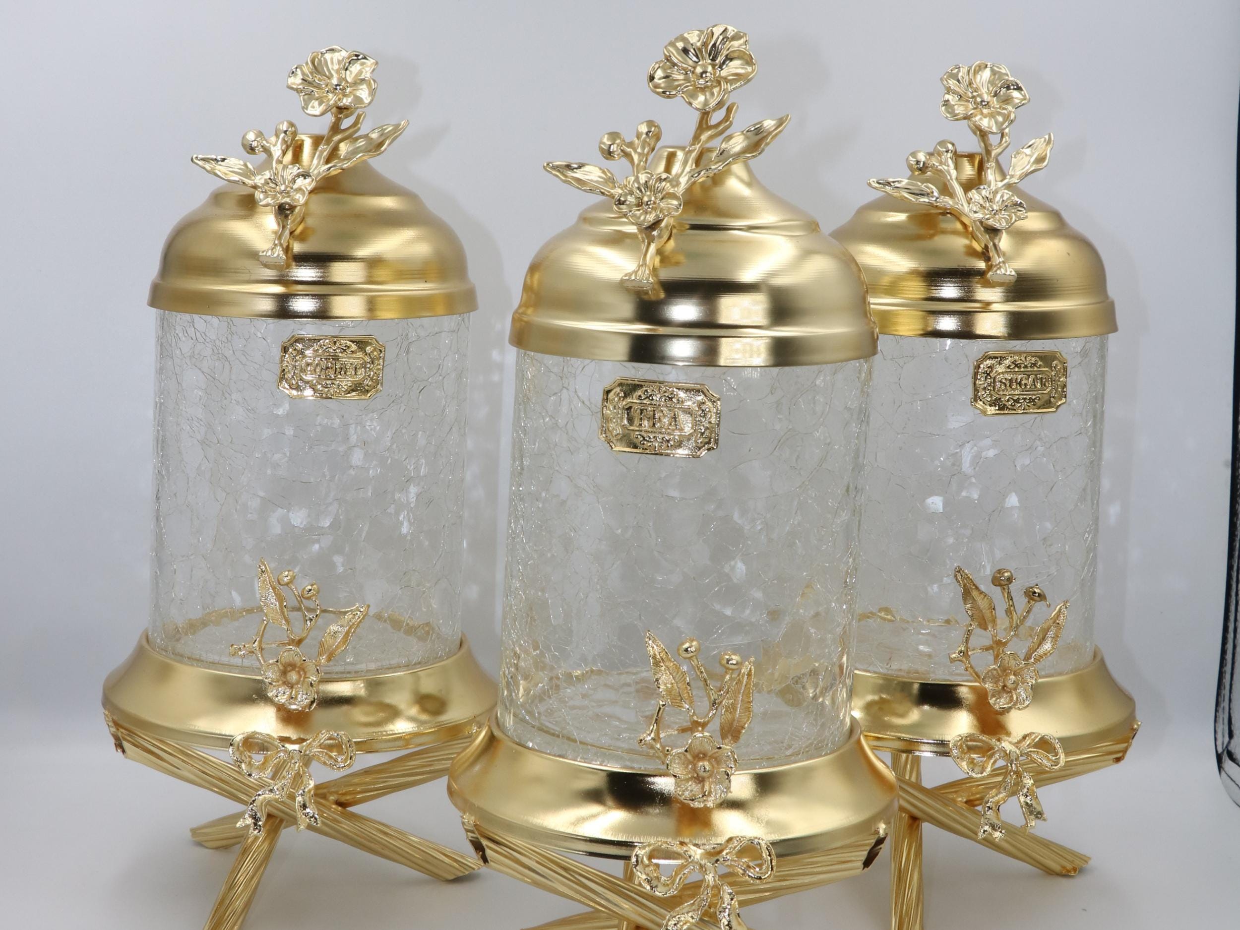 Gold Canister Set for Kitchen 3 Piece Glass Coffee Tea Sugar Storage ...