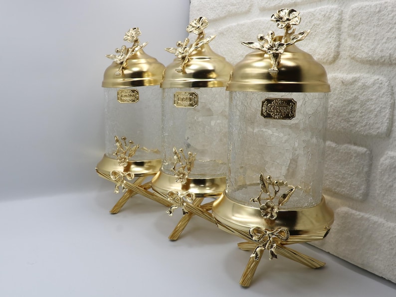 Gold Canister Set for Kitchen 3 Piece Glass Coffee Tea Sugar Storage ...