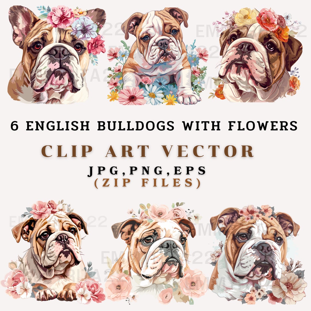 6 Bulldogs With Flowers Retro Clip Art and Image Files Illustrations ...