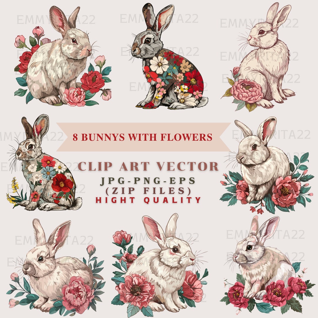 8 Rabbits With Flowers Rose Clip Art Adorable Bunny Cony Icons ...