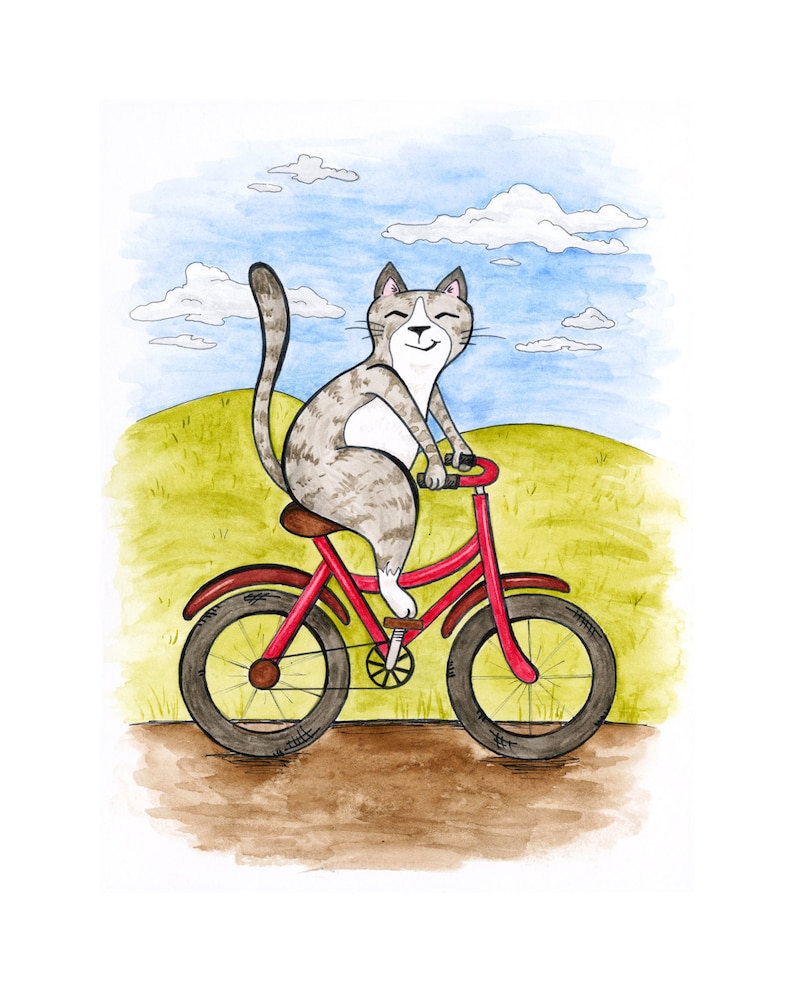 Cat on a Bicycle, Kitty Folk Art Watercolor Illustration - Limited ...