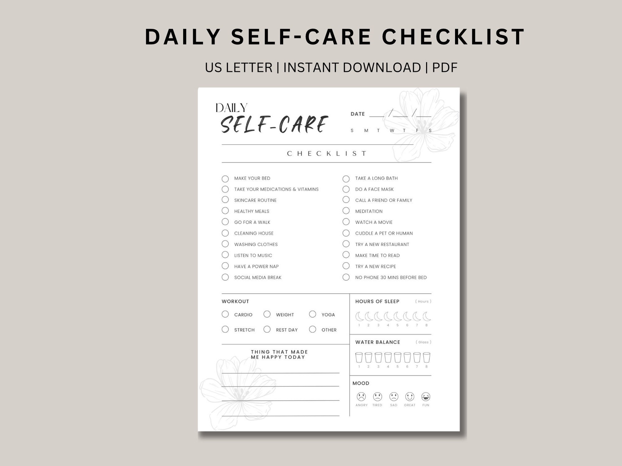 Daily Self Care Checklist, Printable Template, Self Care Checklist ...