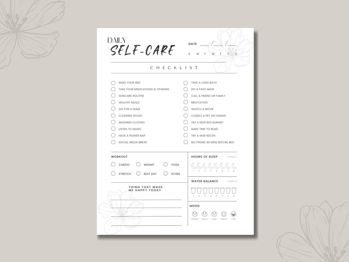 Daily Self Care Checklist, Printable Template, Self Care Checklist ...
