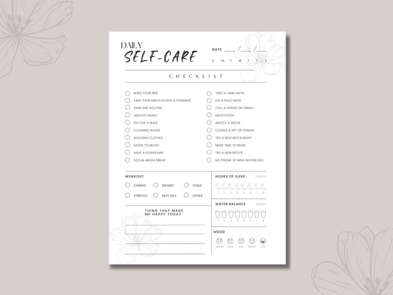 Daily Self Care Checklist, Printable Template, Self Care Checklist ...