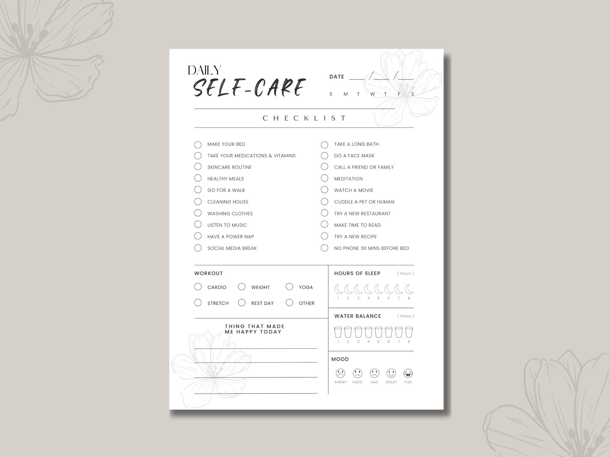 Daily Self Care Checklist, Printable Template, Self Care Checklist ...