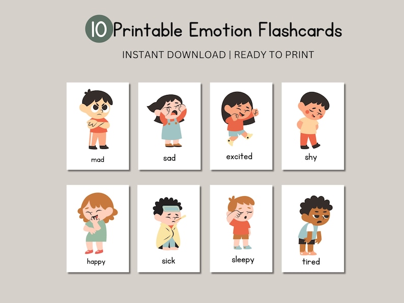 10 Printable Emotion Flashcards, Feelings Flash Cards, Emotional Intelligence Flashcards ...