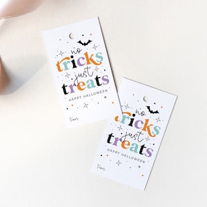 No Tricks Just Treats Tag, Printable Happy Halloween Favor Tags, Simple ...