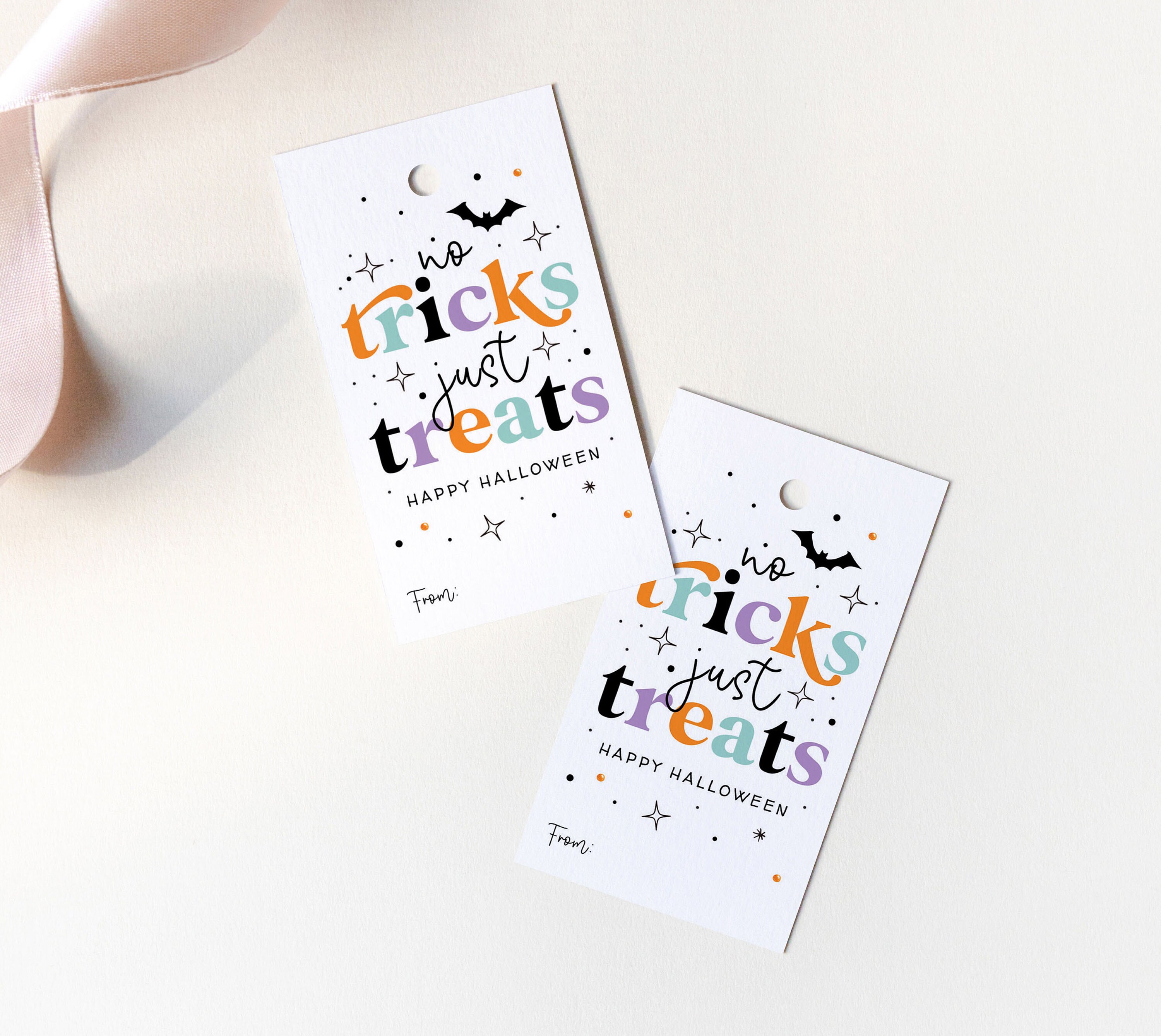 No Tricks Just Treats Tag, Printable Happy Halloween Favor Tags, Simple ...