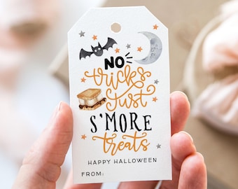 No Tricks Just Treats Tag, Printable Happy Halloween Favor Tags, Simple ...