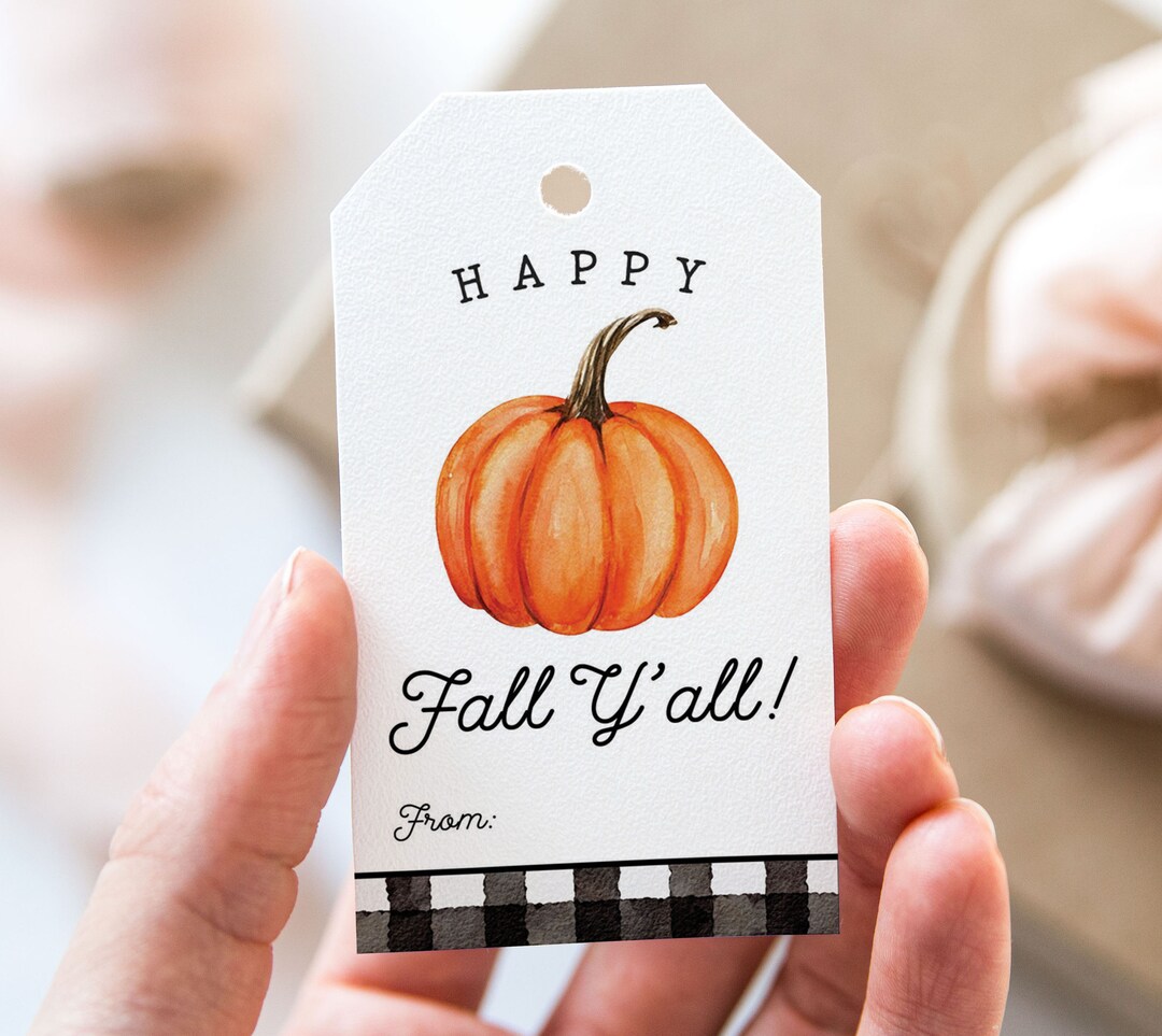 Happy Fall Y'all Tag, Printable Fall Favor Tags, Pumpkin Plaid Autumn ...