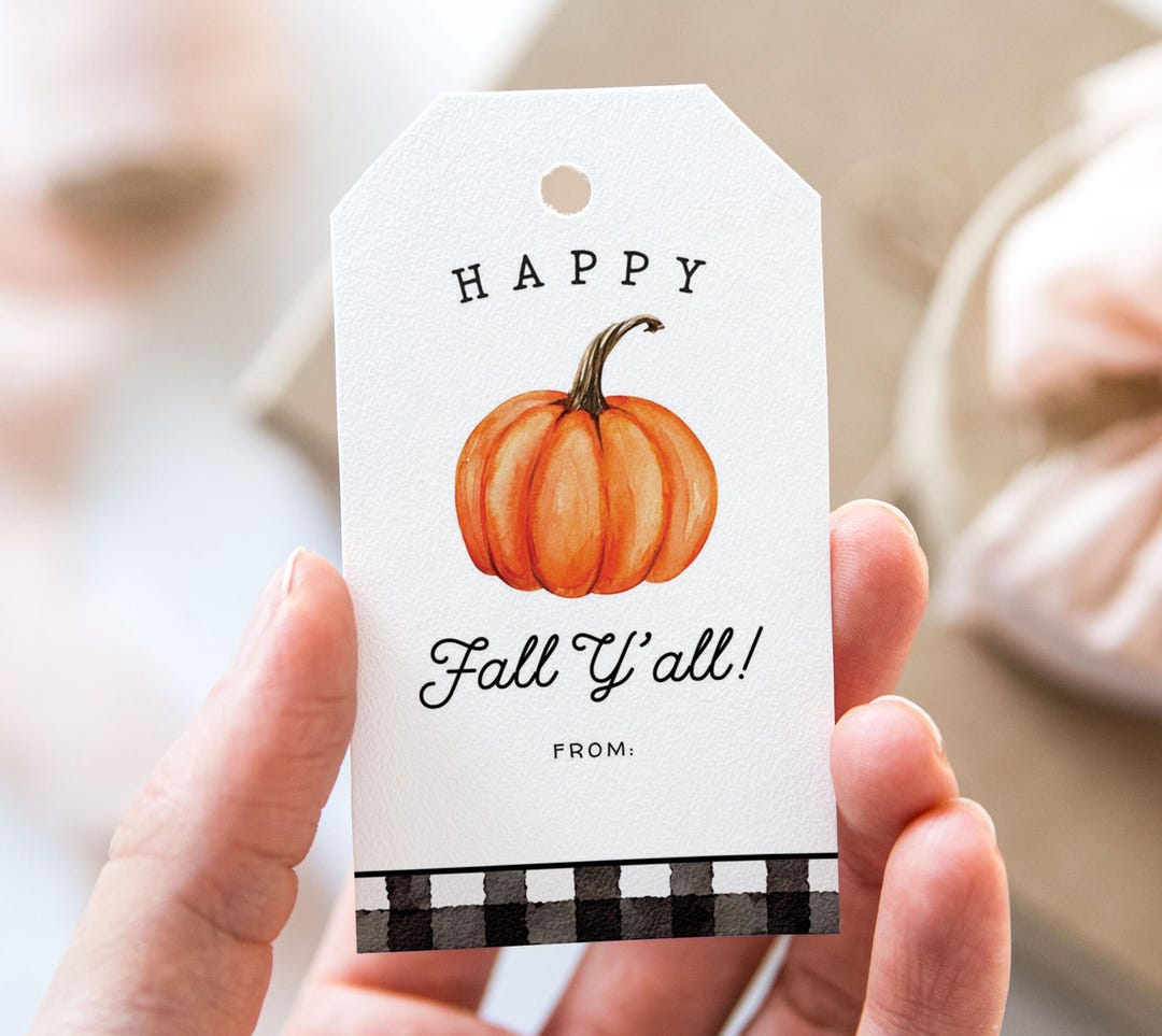 Happy Fall Y'all Tag, Printable Fall Favor Tags, Pumpkin Plaid Autumn ...