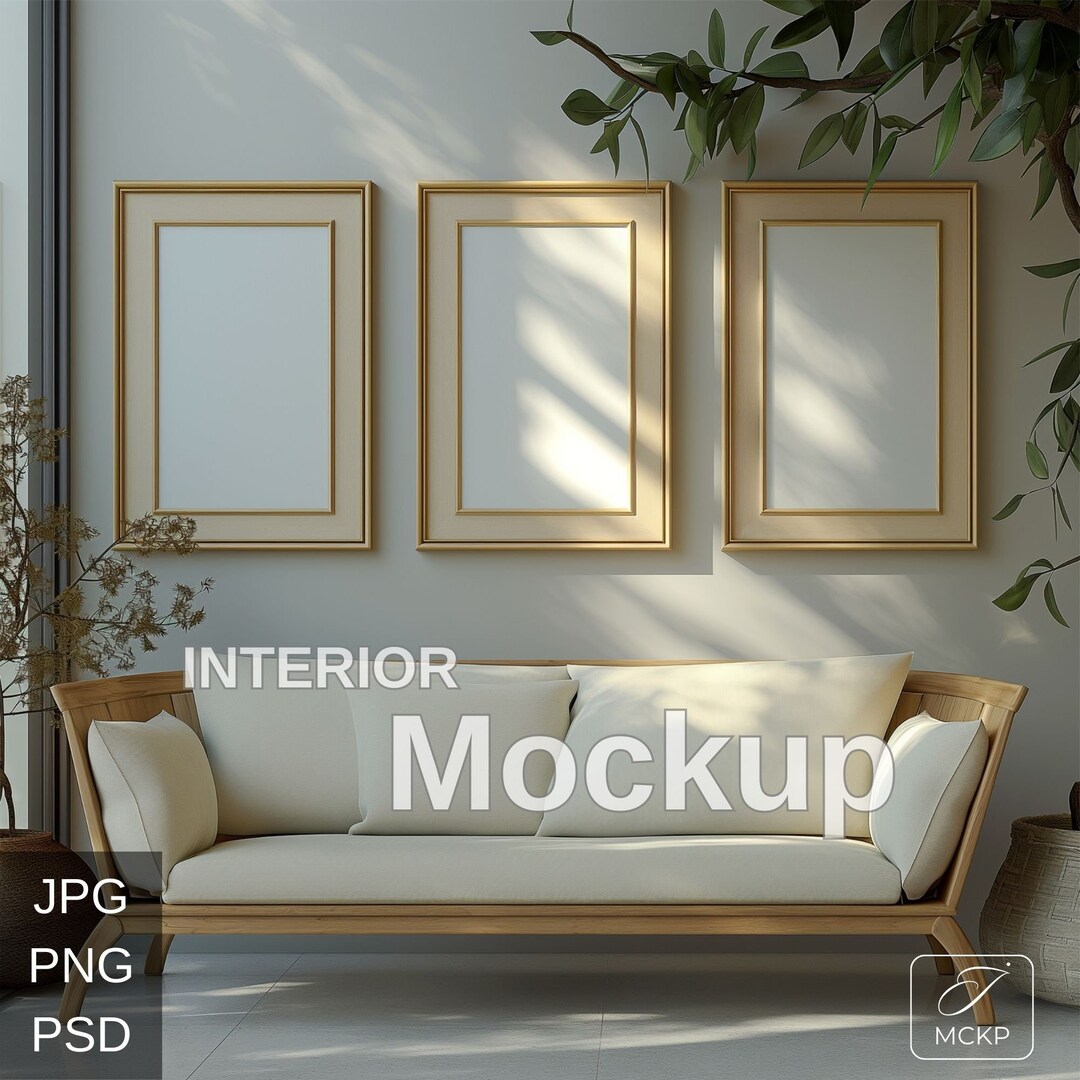 Set of 3 Vertical Frames Mockup Photoshop Gold Frame Trio Mockup Set ...