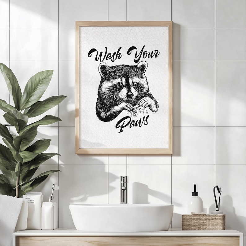 Retro Raccoon Poster, Bathroom Wall Decor, Digital Download, Raccoon ...