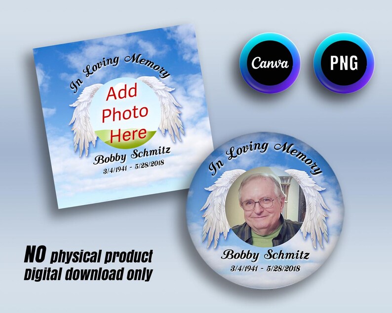In Loving Memory Canva Template | Memorial Pin Button Template Clouds ...