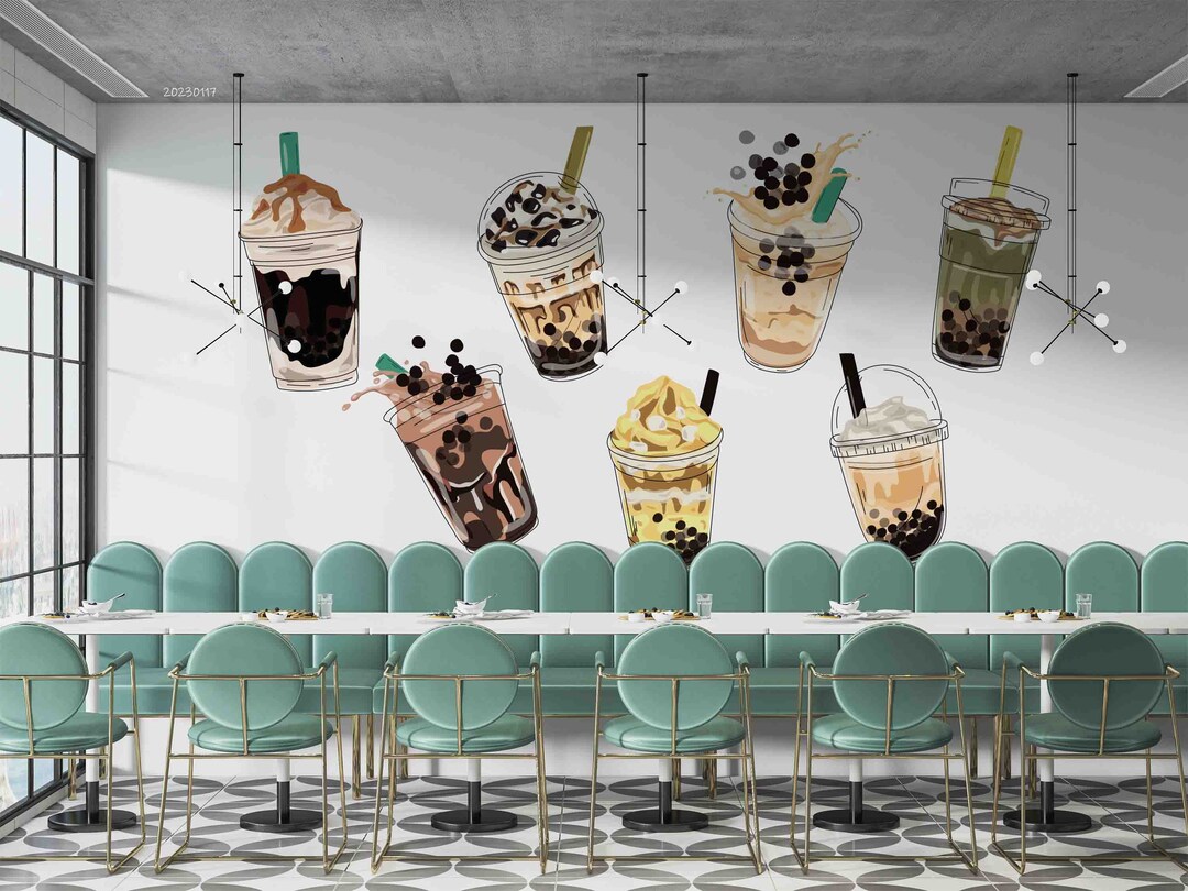 3D Bubble Milk Tea Ice Cream Shop Wall Mural Peel and Stick Wall Decor ...
