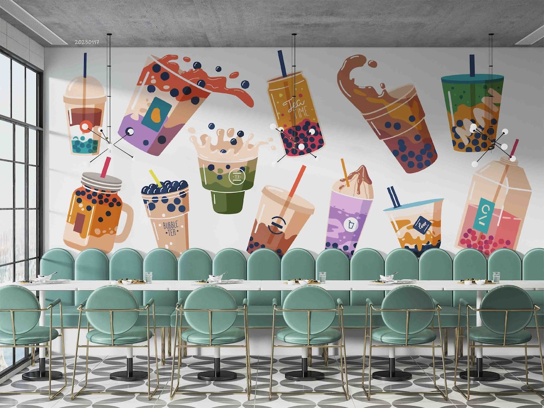 3D Bubble Milk Tea Ice Cream Shop Wall Mural Peel and Stick Wall Decor ...