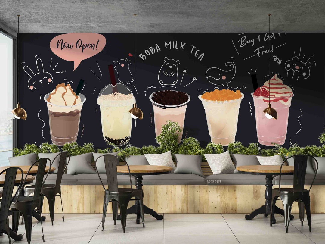 3D Bubble Milk Tea Ice Cream Shop Wall Mural Peel and Stick Wall Decor ...