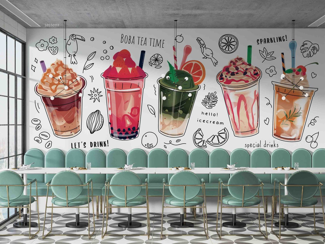 3D Bubble Milk Tea Ice Cream Shop Wall Mural Removable Peel and Stick ...