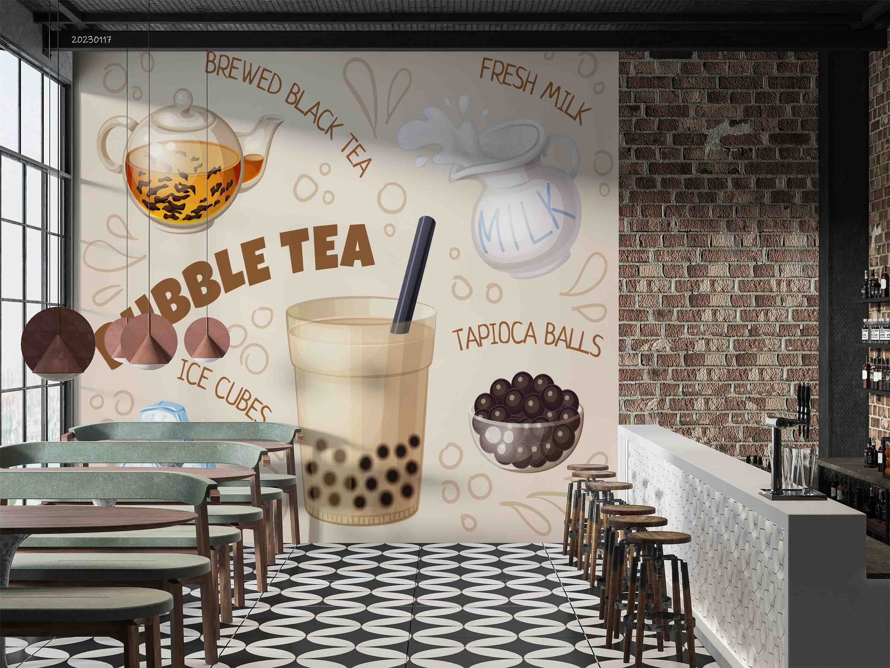 3D Bubble Milk Tea Shop Background Brown Wall Mural Removable Peel and ...