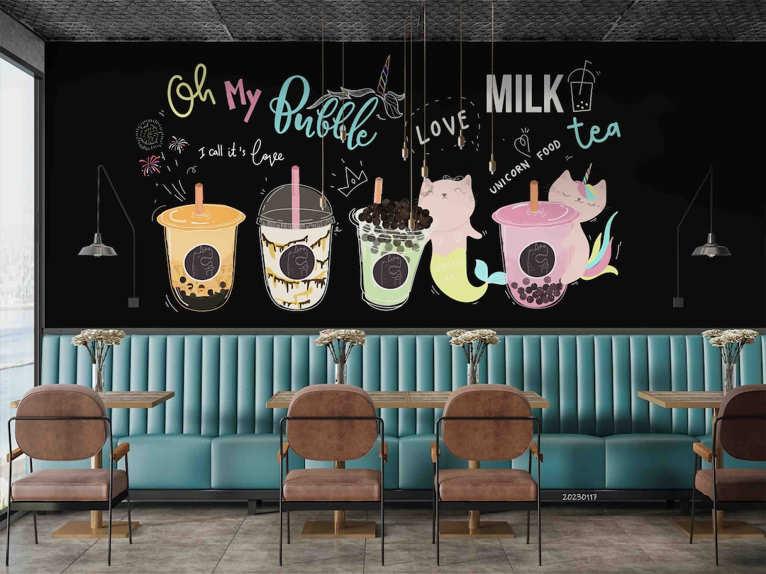 3D Bubble Milk Tea Shop Background Black Cat Wall Mural Removable Peel ...