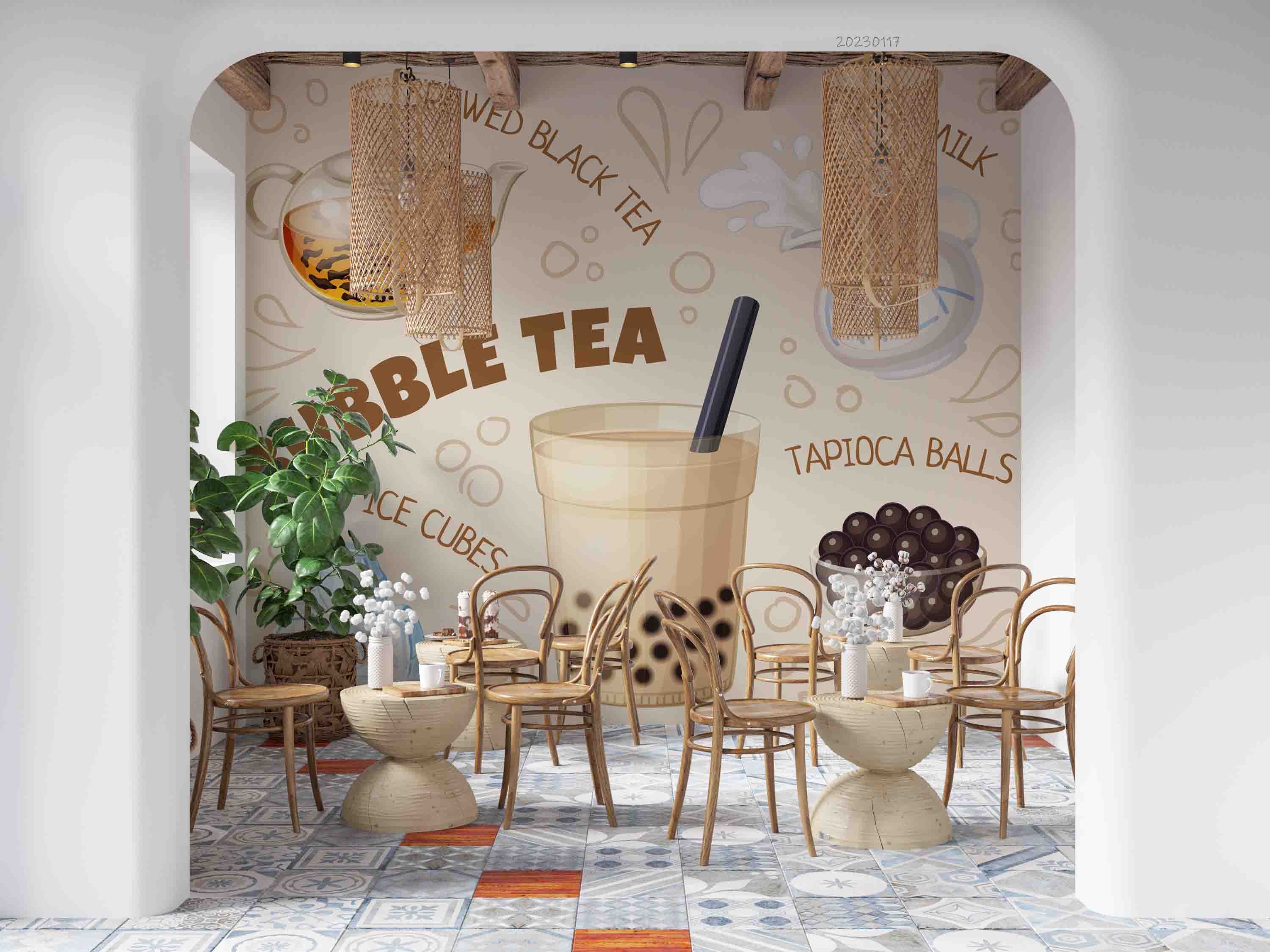 3D Bubble Milk Tea Shop Background Brown Wall Mural Removable Peel and ...