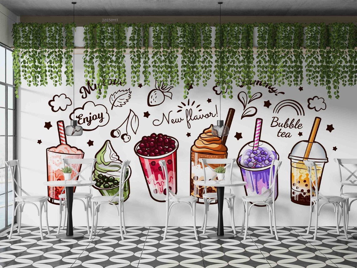 3D Bubble Milk Tea Ice Cream Shop Wall Mural Removable Peel and Stick ...