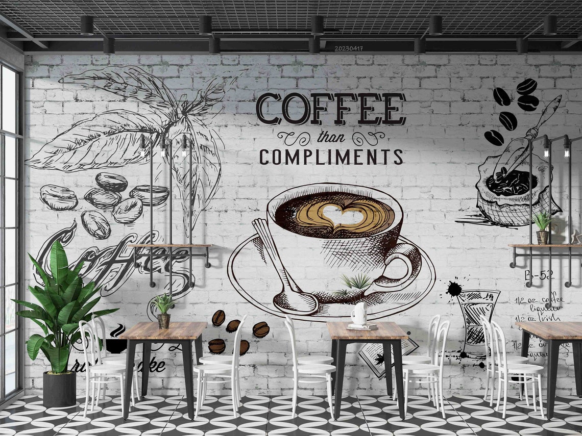 3D Brown Coffee Shop Background Wall Mural Peel and Stick Wall Decor ...
