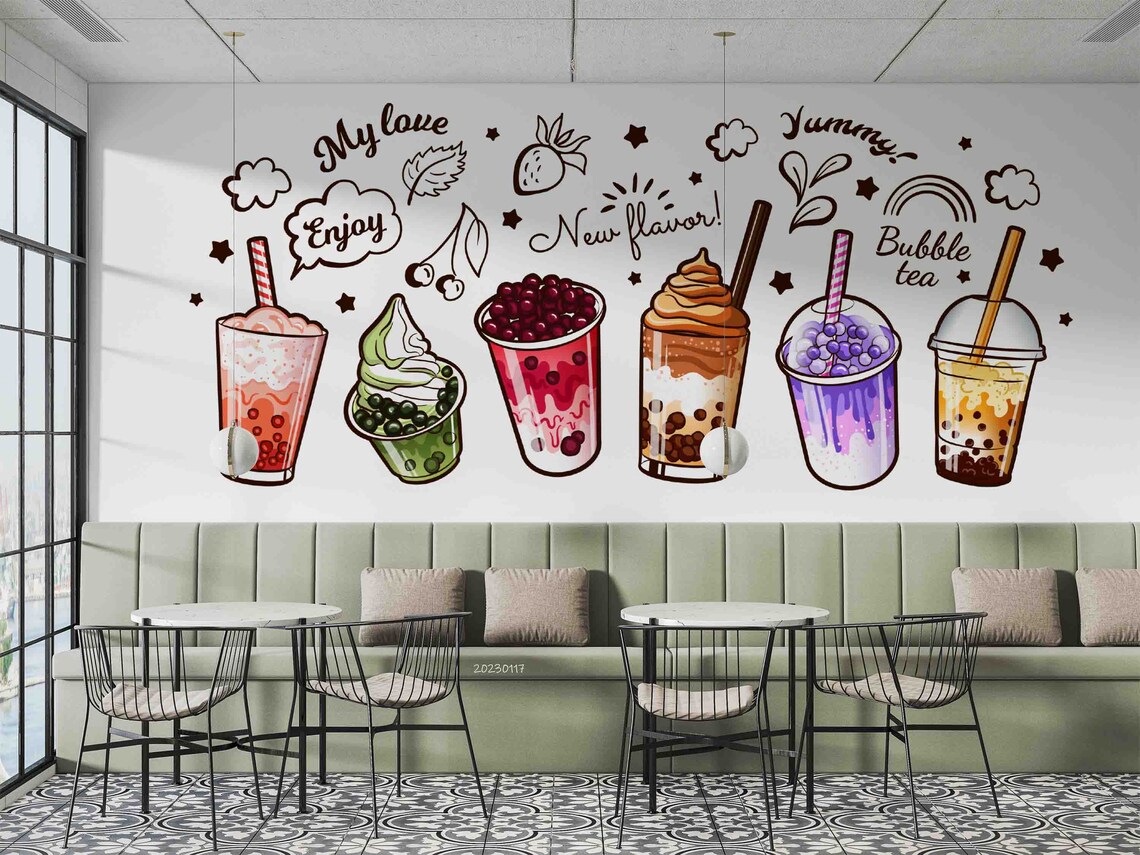 3D Bubble Milk Tea Ice Cream Shop Wall Mural Removable Peel and Stick ...