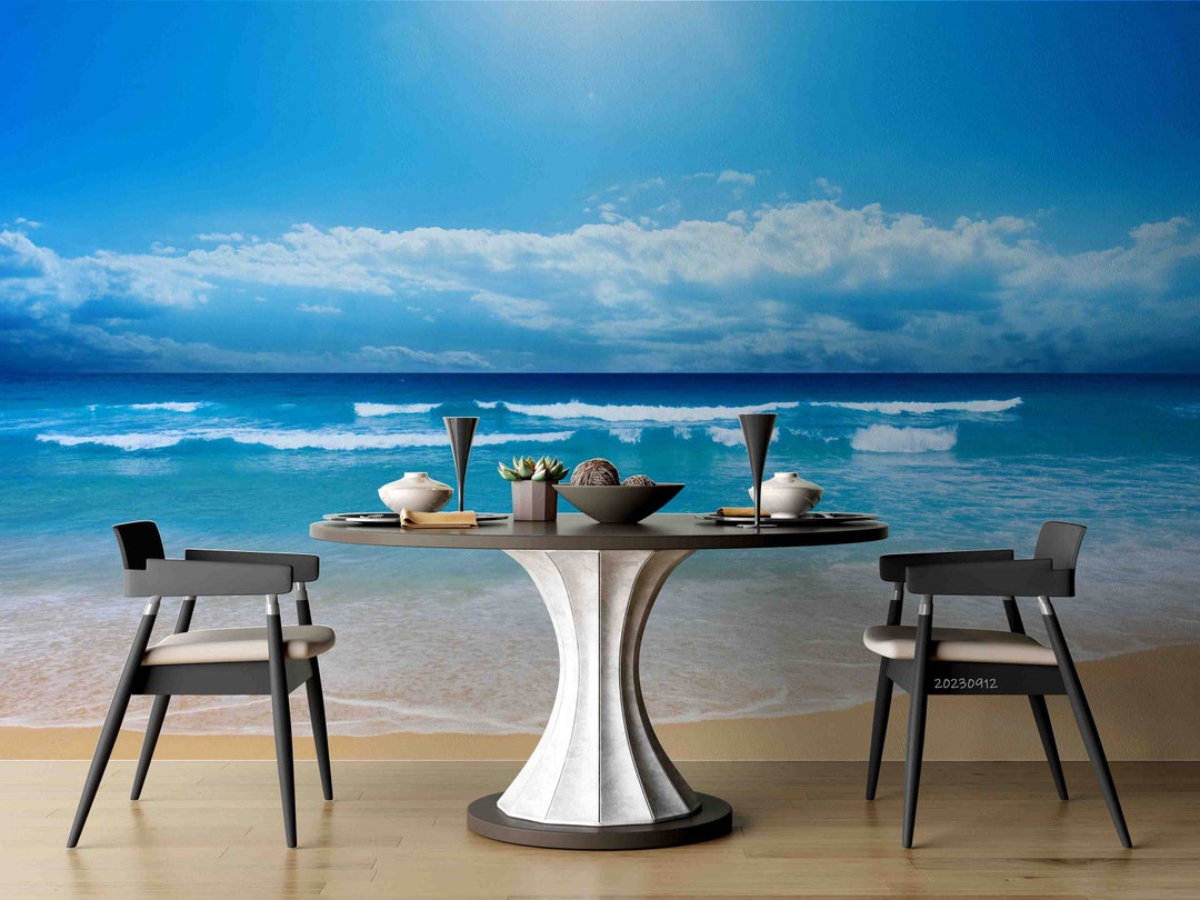 3D Sky Clouds Beach Blue Landscape Wall Mural Peel and Stick Wall Decor ...