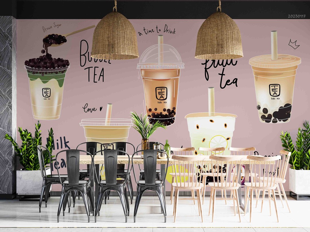 3D Bubble Milk Tea Pink Ice Cream Shop Wall Mural Removable Peel and ...