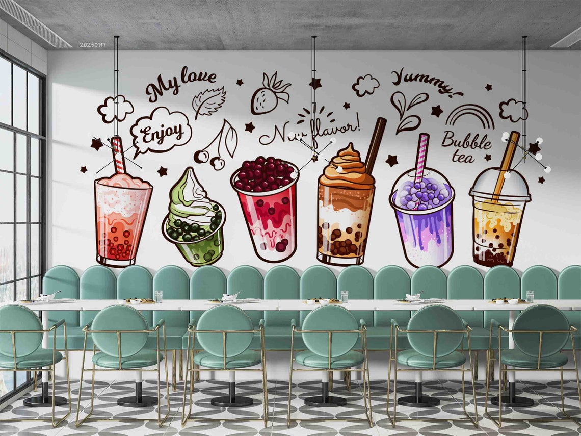 3D Bubble Milk Tea Ice Cream Shop Wall Mural Removable Peel and Stick ...