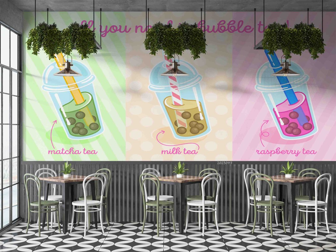 3D Color Bubble Milk Tea Shop Background Wall Mural Peel and Stick Wall ...