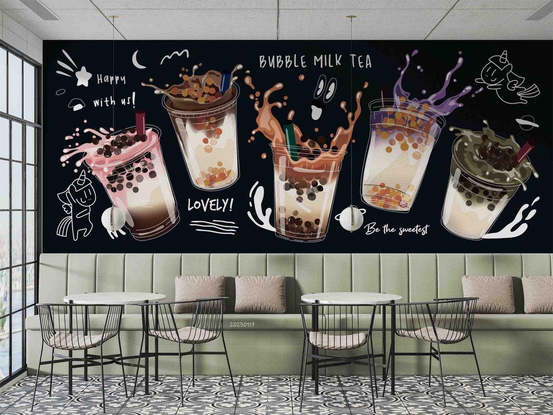3D Bubble Milk Tea Ice Cream Shop Wall Mural Peel and Stick Wall Decor ...