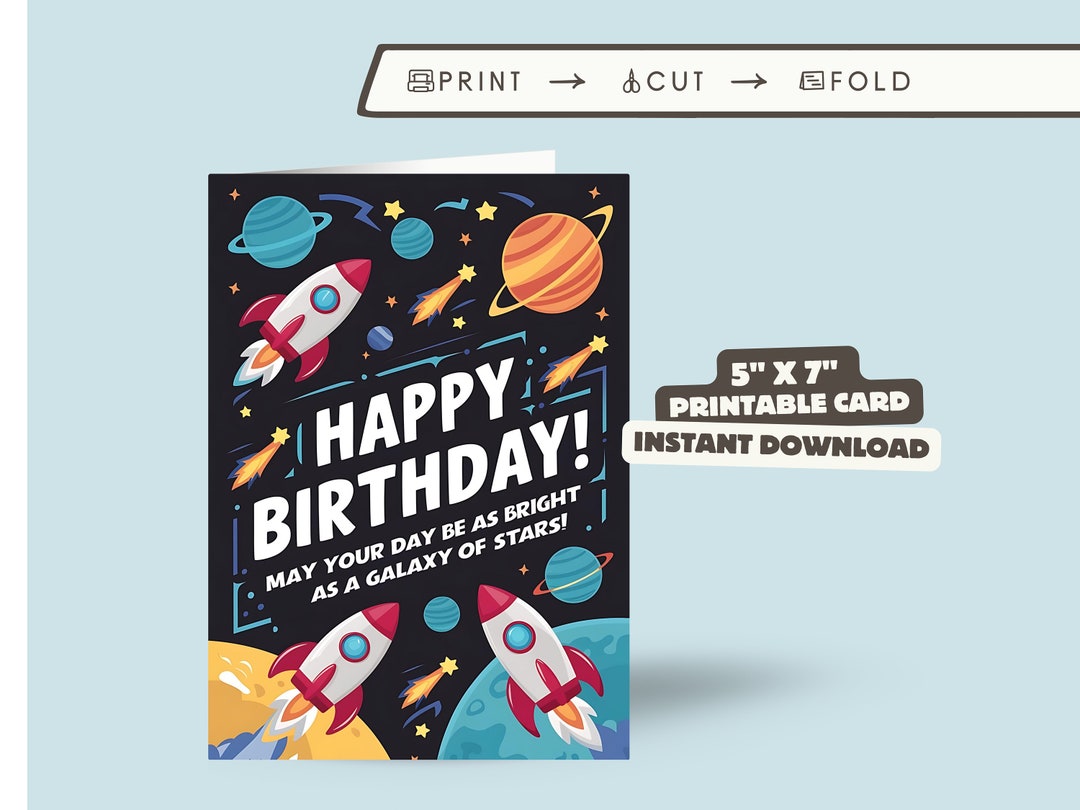 Kids Birthday Greeting Card Space Rocket Printable Rocket Ship Birthday ...