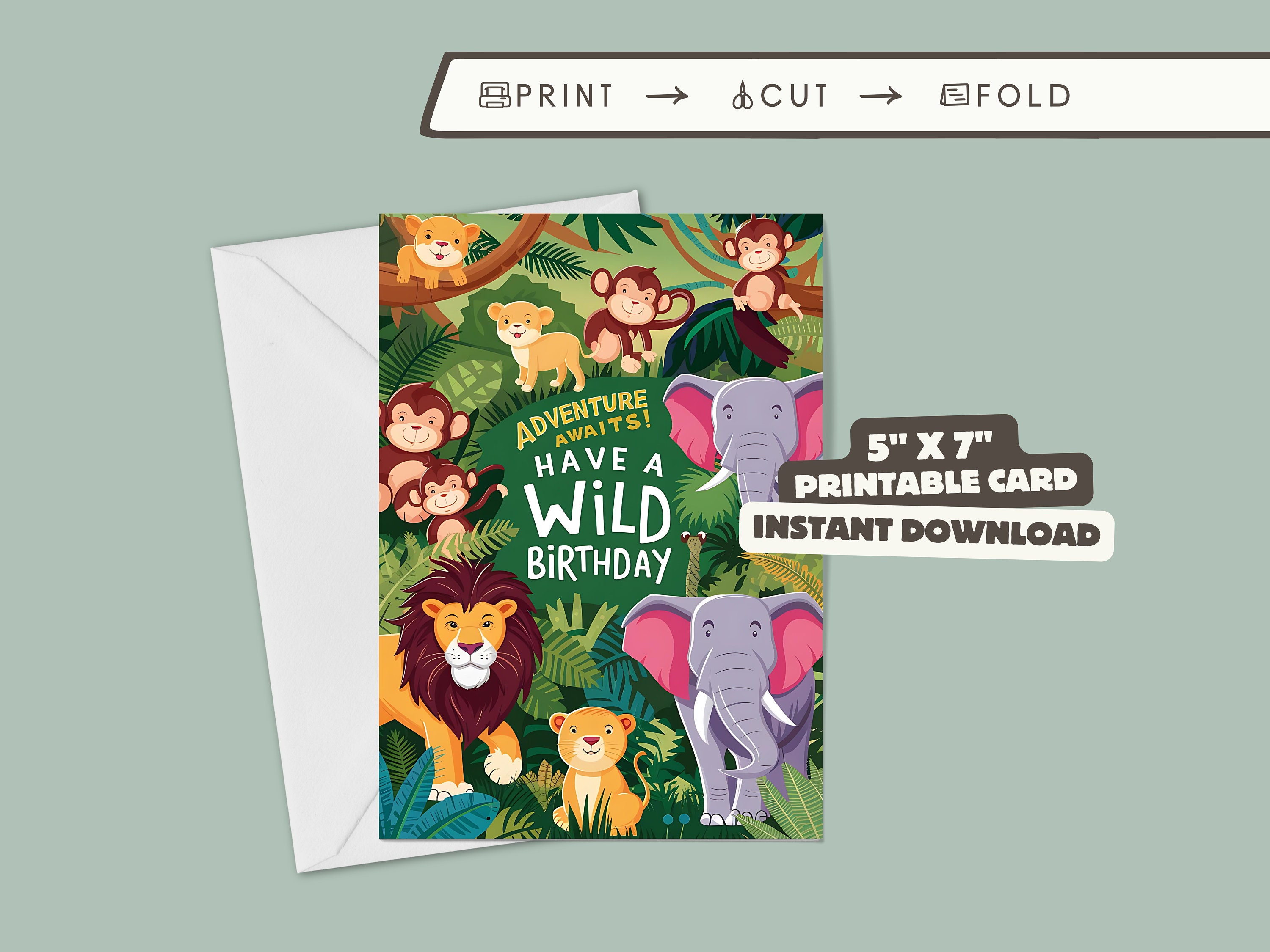 Kids Safari Animals Birthday Greeting Card Digital Download Children's ...