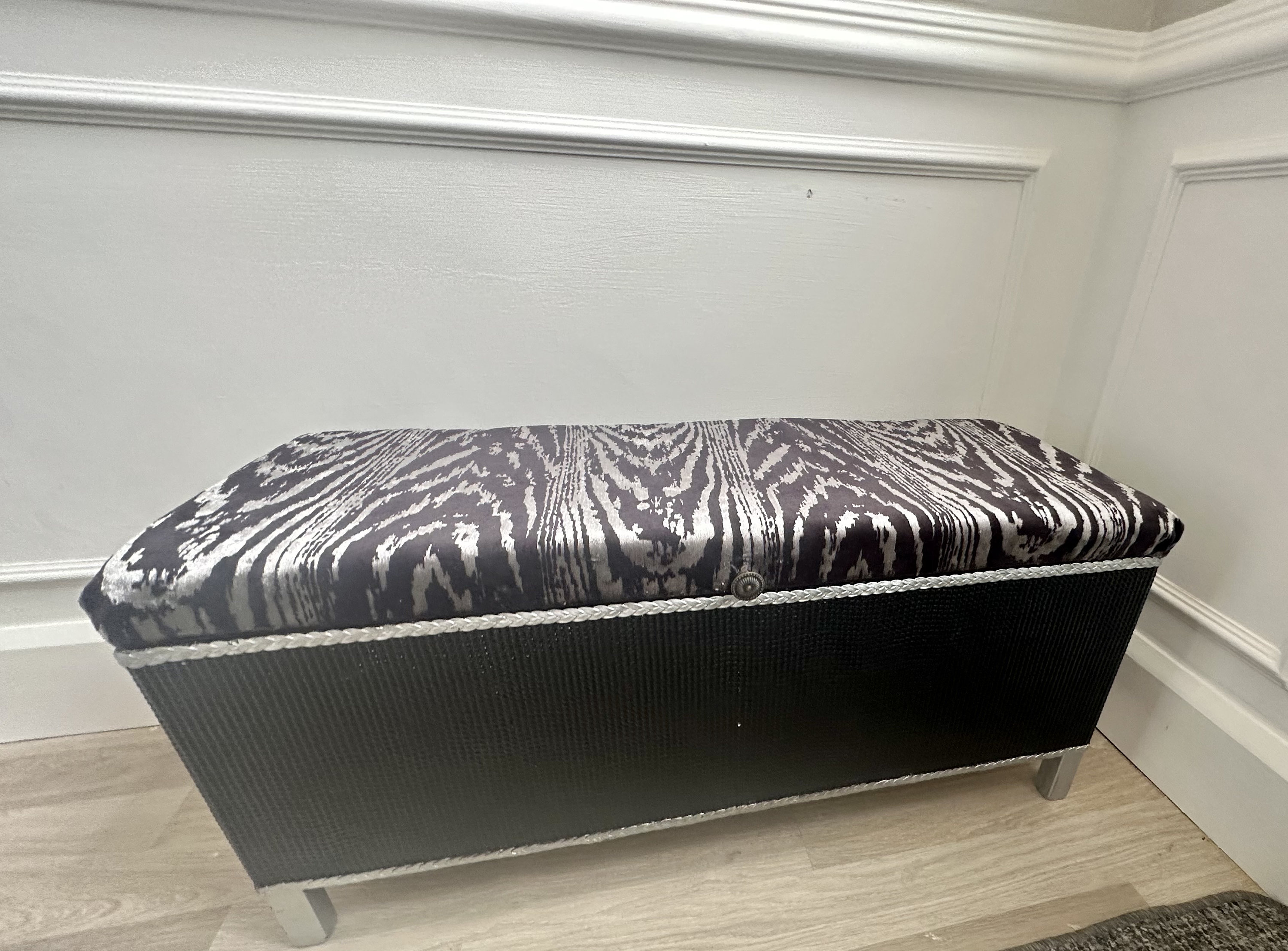 Ottoman Blanket Box Storage Box Lloyd Loom Style Vintage Upcycled Hand Painted Finished With Beautiful Fabric Detailing Black Silver Etsy