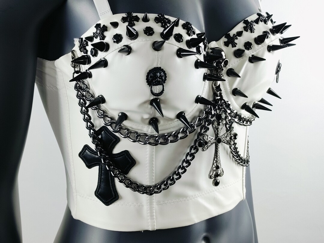Gothic Spiked White PU Leather Bustier, Halloween Costumes, Punk Rivets ...
