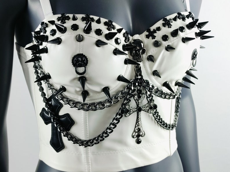 Gothic Spiked White PU Leather Bustier, Halloween Costumes, Punk Rivets ...
