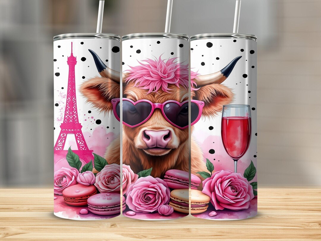 Cute Cow With Sunglasses Eiffel Tower Roses Macarons 20oz Sublimation ...