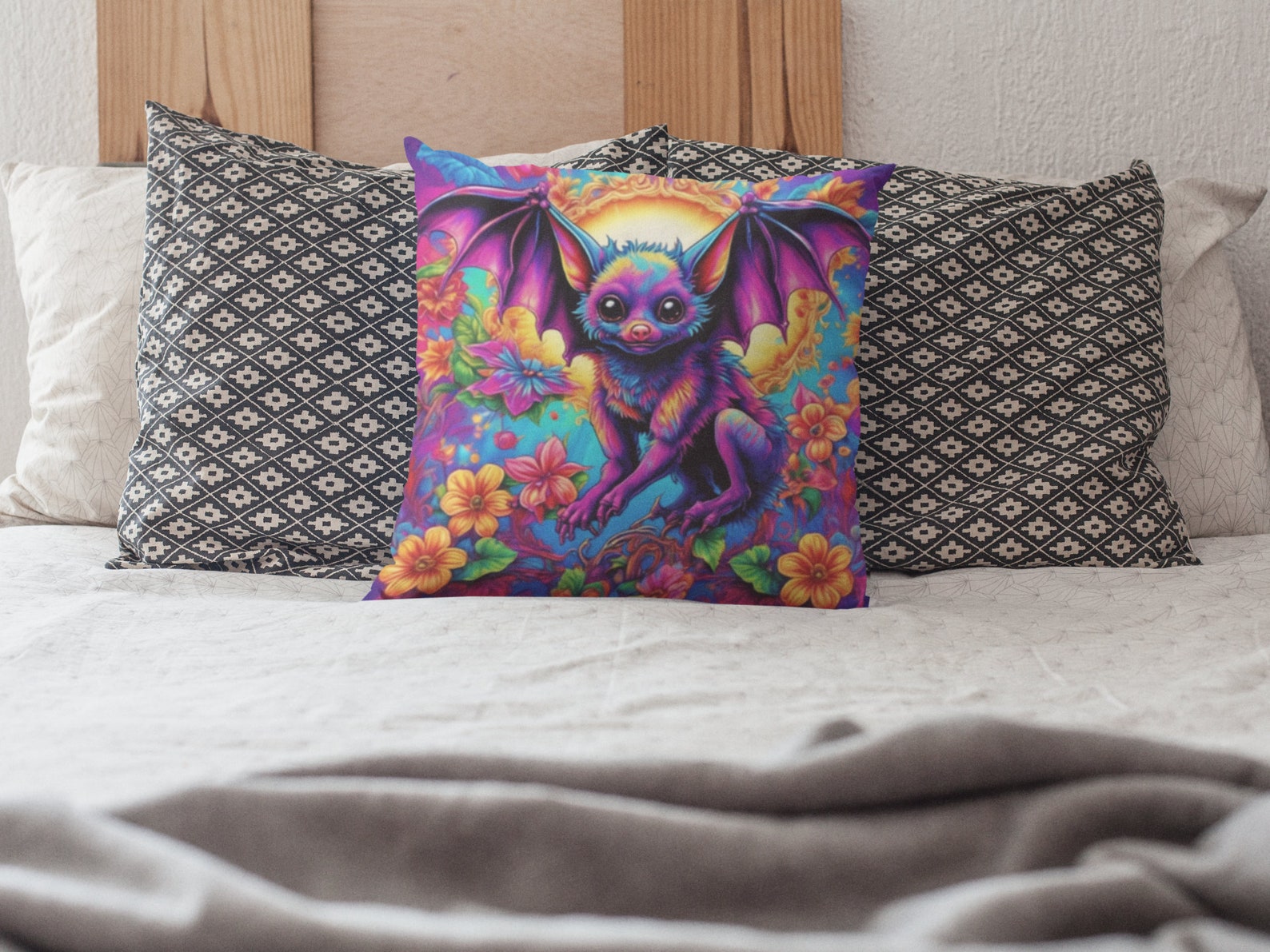 Rainbow Bat Throw Pillow 90s Retro Nostalgia Goth Housewarming Gift for ...