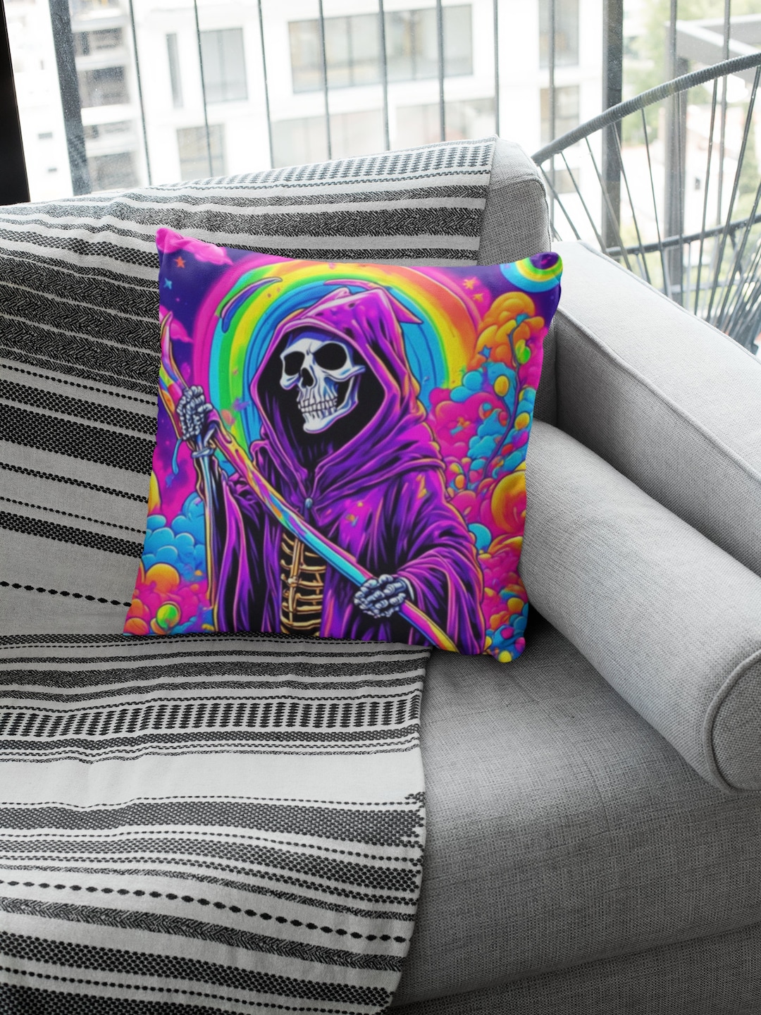 Rainbow Grim Reaper Double Sided Decorative Square Pillow, 90s Retro ...