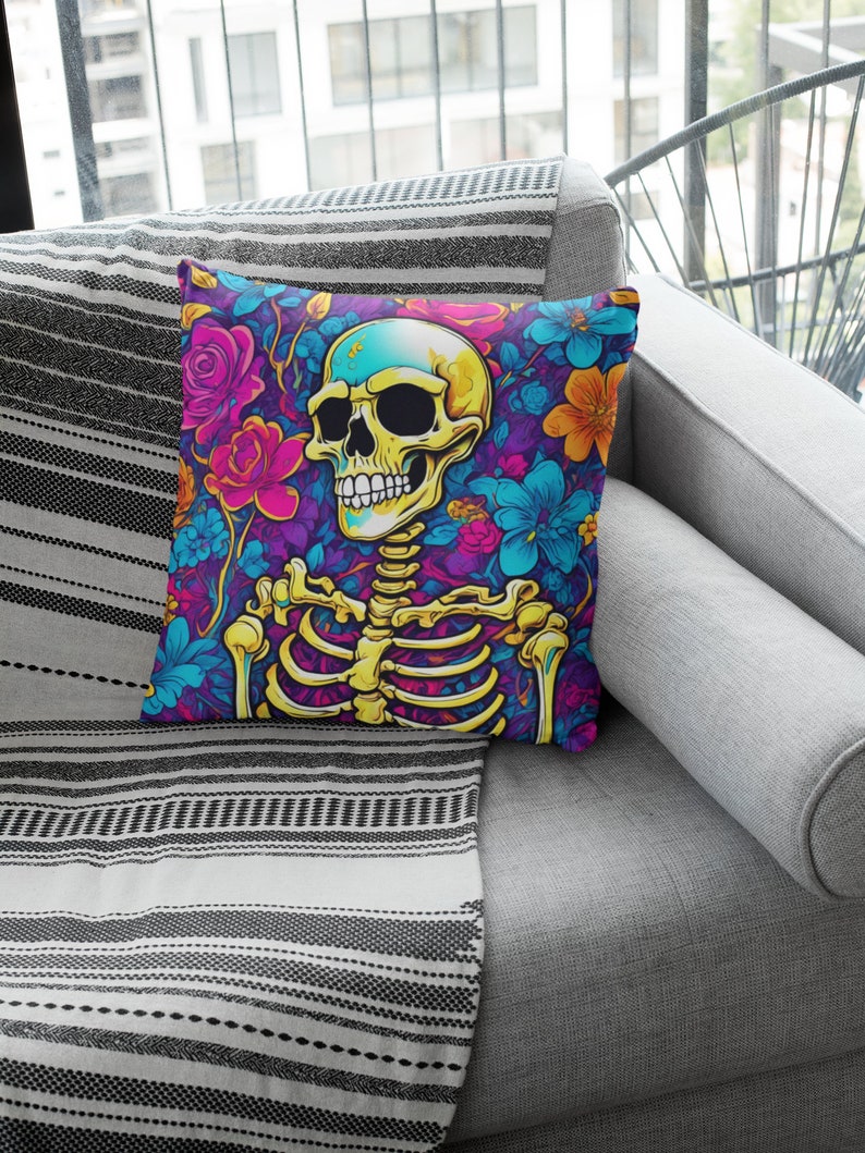 Rainbow Floral Skeleton Throw Pillow 90s Retro Nostalgia Halloween ...